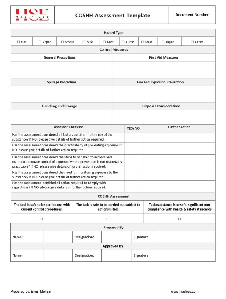 COSHH Assessment Template – hsefiles.com