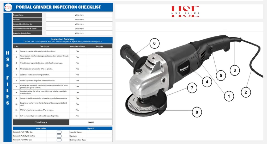 Portable Grinder Inspection Checklist – hsefiles.com
